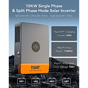 PowMr 10000W Single Split Phase Solar Inverter 48V DC to 100V AC~240V AC, 10KW Off-Grid Pure Sine Wave Hybrid Inverter with 200Amp MPPT Charge Controller, Work with 48V Lead Acid and Lithium Battery