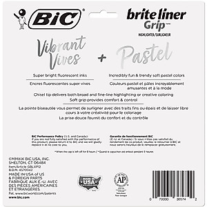BIC Brite Liner Grip Highlighters, Chisel Tip (1.6mm), Assorted Pastel and Fluorescent, For Broad Highlighting & Fine Underlining, 12-Count