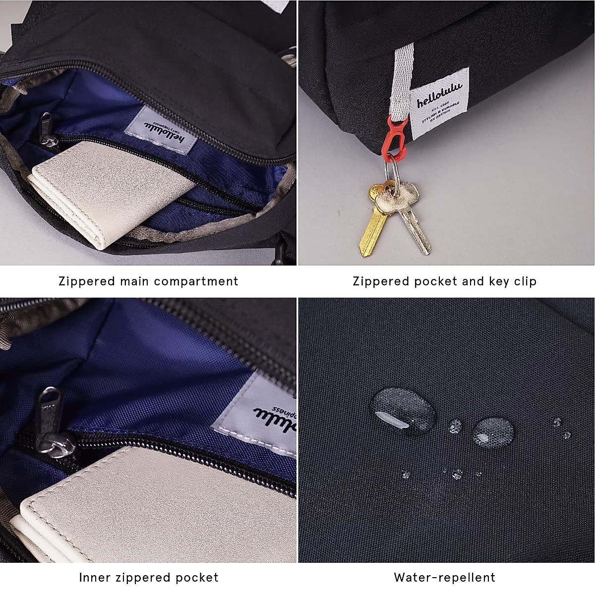 Hellolulu HOLLIS Zippered Compact Crossbody Bag, Water Resistant Lightweight For Daily Use Travel Men Women, Roomy for Wallet Purse Phone, Dark Blue