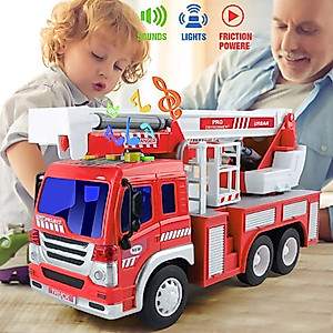 Fire Truck Toys with Siren Lights and Sounds, 1:16 Scale Fire Engine Truck for 3-5 year old Boys Extending Rescue Rotating Ladder Pull Back Toy Trucks for Kids 3 4 5 6 7 8 Years Old Birthday Xmas Gift
