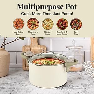 Gotham Steel 5 Quart Stock Pot Multipurpose Pasta Pot with Strainer Lid & Twist and Lock Handles, Nonstick Cooking Pot + Pasta Strainer Pot with Lid, Spaghetti Pot, Oven/Dishwasher Safe - CREAM
