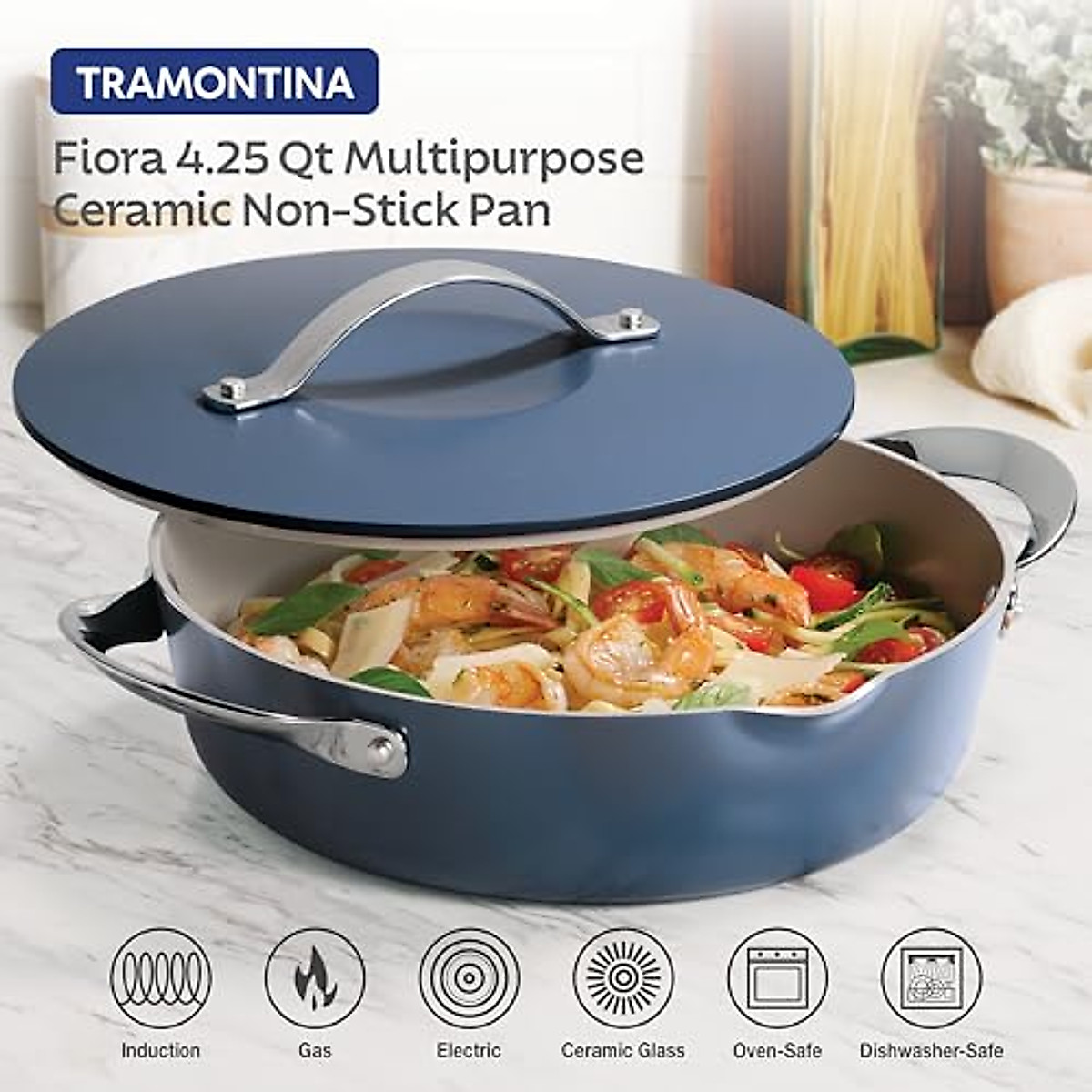 Tramontina Fiora 4.25-Quart Multipurpose Ceramic Non Stick Cooking Pan with Lid, Blue