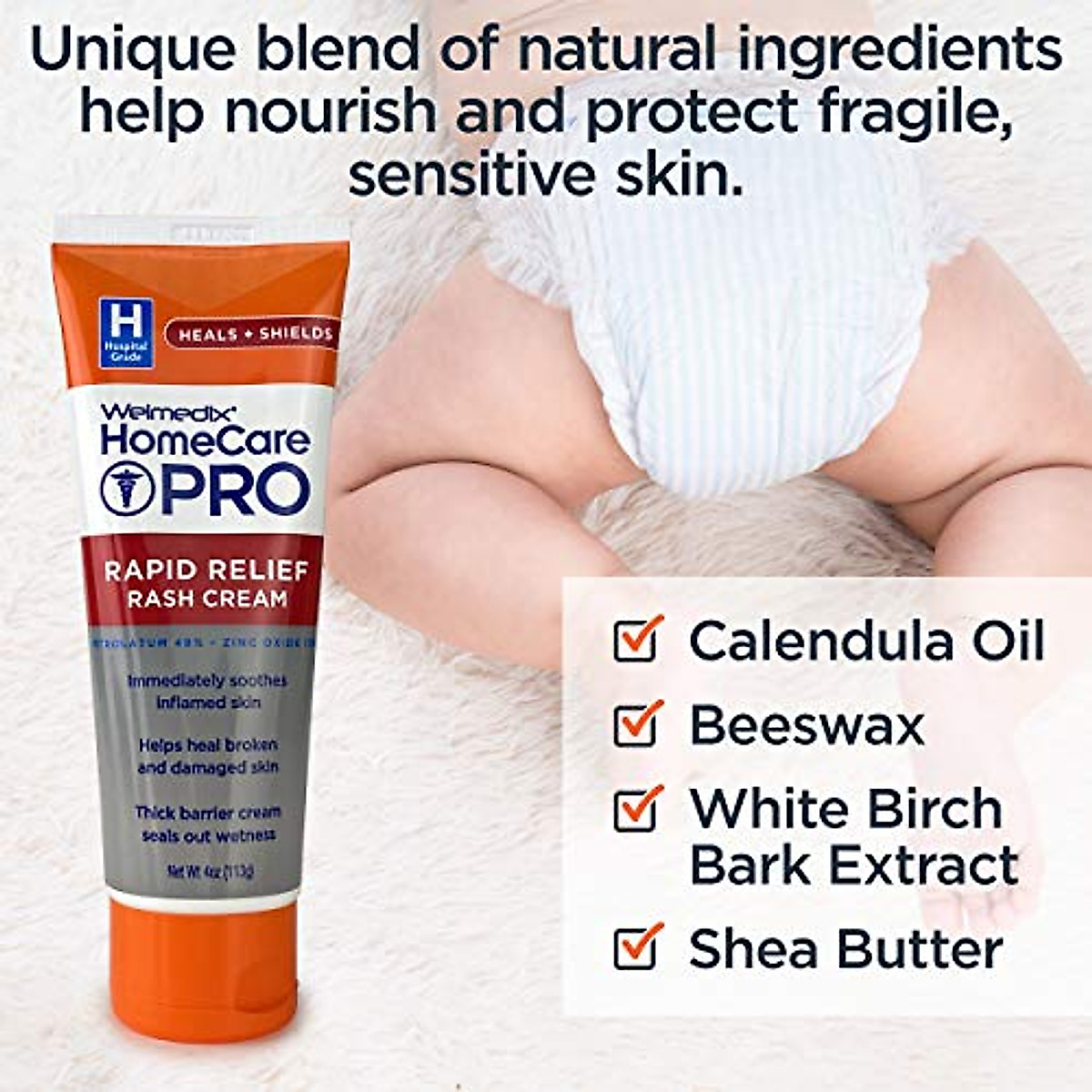 Welmedix HomeCare PRO Rapid Relief Adult Diaper Rash Cream – Extra Thick, Moisturizing Barrier Cream for Incontinence and Healing Cream/Zinc Oxide Cream/Skin Cream, (4oz Tube)