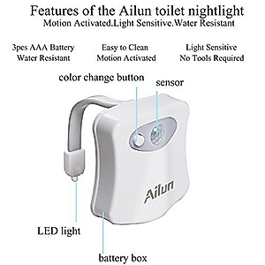 Toilet Night Light 2Pack by Ailun Motion Sensor Activated LED, 8 Colors Changing Toilet Bowl Illuminate Nightlight for Bathroom Battery Not Included Perfect with Water Faucet Light