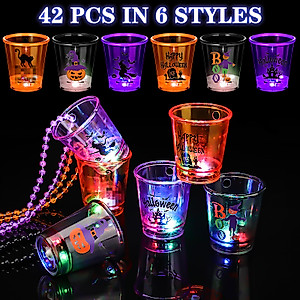 Huquary 42 Pcs LED Light Up Halloween Shot Glass Necklaces Glow in the Dark Halloween Plastic Shot Necklace Cups Flash Shot Necklace Cups for Halloween Party Costume Supplies, 6 Styles