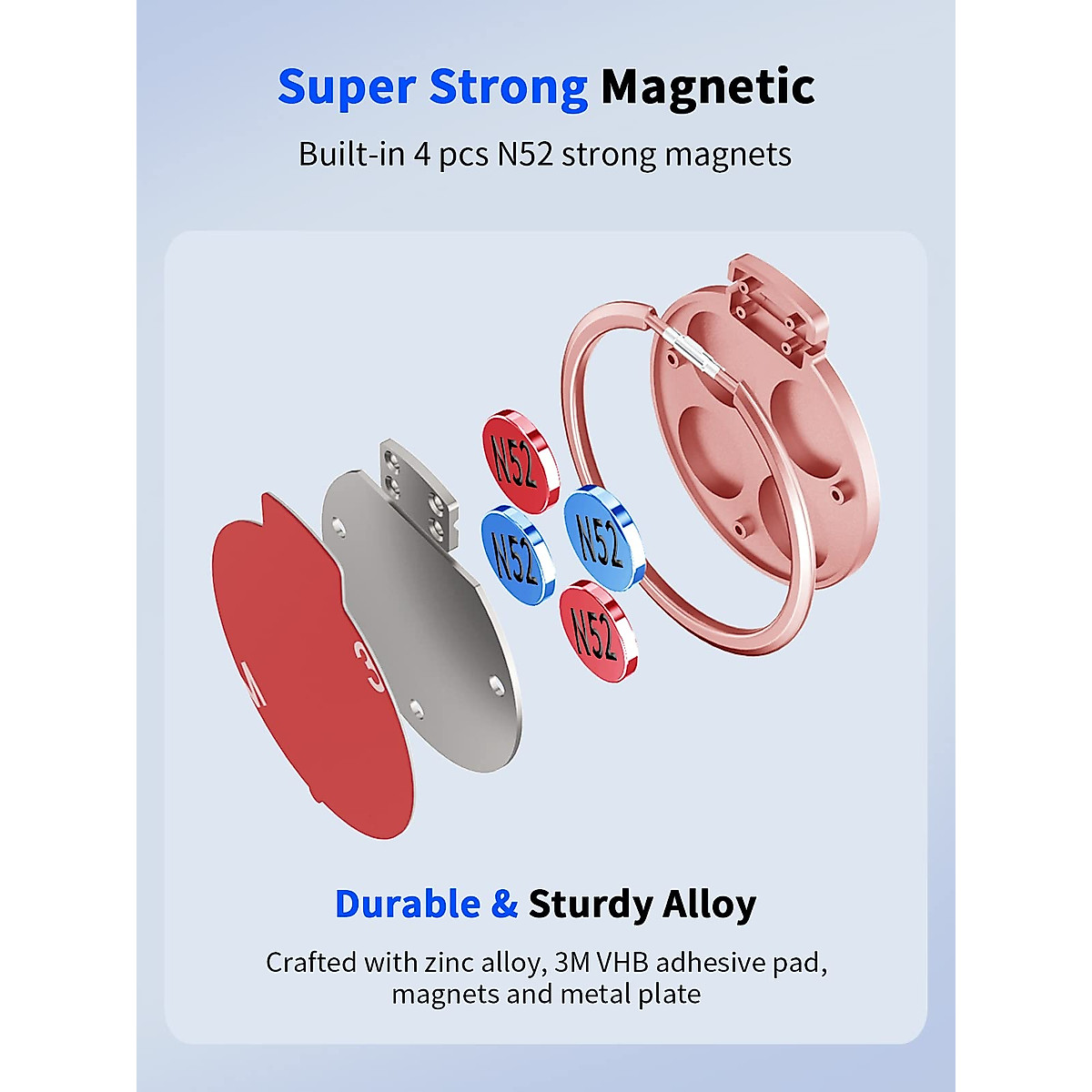 Magnetic Phone Grip Mount for Any Metal Surface [4 Strong Magnets] Gym Magnet Phone Ring Kickstand for Magnetic Car Holder Compatible with iPhone 14/13/12 Pro Max, Android and All Phones (Pink)