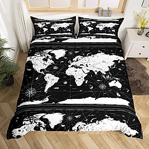 Erosebridal World Map Bedding Set Queen Nautical Theme Duvet Cover Black White Bedroom Decor Campus Sailboat Bedding, Geography Earth Global Theme Comforter Cover for Boys Girls Men Women
