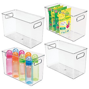 mDesign Plastic Storage Organizer Bin with Handles for Baby or Kids - Containers for Nursery, Playroom or Daycare - Holder for Snacks, Toys, Food, Diapers, or Wipes - Ligne Collection, 4 Pack, Clear
