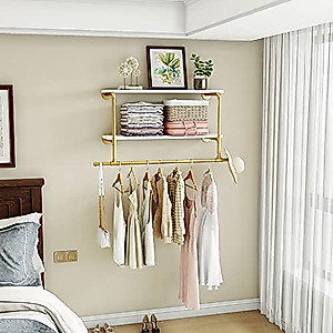 MAIKAILUN Wall Mounted Clothes Rack Gold with Shelves, 42" Long Industrial Pipe Clothing Rack with 2 Tier Shelves Heavy Duty Iron Garment Rack Bar,Retail Display Clothes Rod for Clothes,Laundry Room