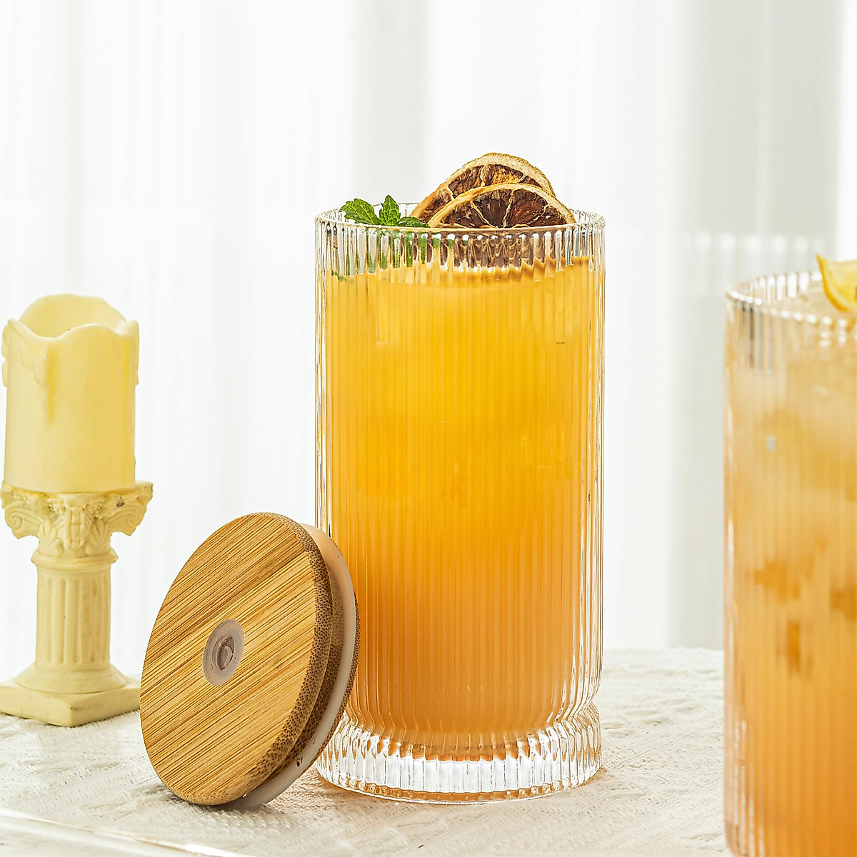 Ribbed Glass Cups With Lids And Straws, 16oz Drinking Glasses, Vintage Glassware Set of 4 Large, Origami Style Cocktail Glasses, Tumbler for Bar Beverages, Whiskey (4PCS-16 Oz With Lid And Straw)