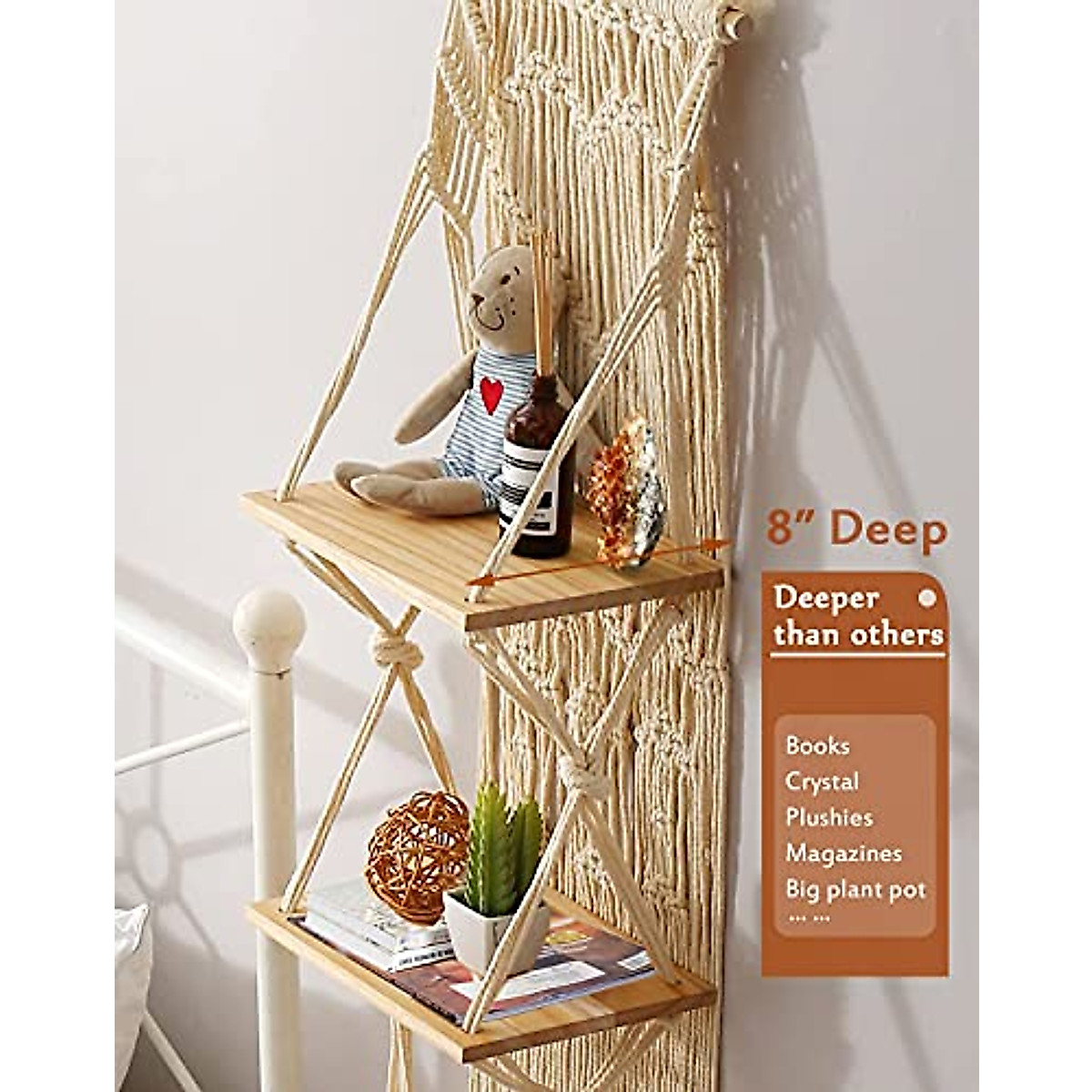 MAKEONEWO Macrame Wall Hanging Shelf Set of 2 Macrame Shelves Handmade Decorative Floating Boho Shelf-Plant Shelf Display Rack to Organize and Decor for Living Room, Bedroom, Bathroom (10" W/2 Tier)