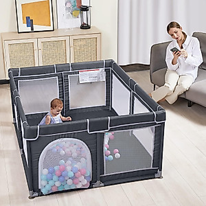 ANGELBLISS Baby Playpen, Extra Large Playard, Indoor & Outdoor Kids Activity Center with Anti-Slip Base, Sturdy Safety Play Yard with Breathable Mesh, Kid's Fence for Toddlers (Dark Grey, 50x50)