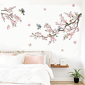 decalmile Flower Branch Wall Stickers Pink Blossom Floral Birds Wall Decals Kids Bedroom Living Room Window Wall Decor