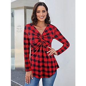 Bulotus Red and Black Plaid Tops for Women, Christmas Tops for Women Dressy Fashion 2022 Long Sleeve Sexy V Neck Shirts for Work Women's Fall Tunics to Wear with Leggings, Red Black Plaid, M