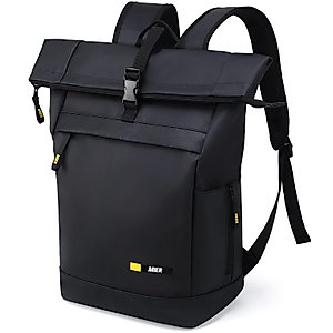MIER Rolltop Travel Backpack for Men Women Water Resistant Carry on Casual Commuter Back Pack with Multiple Pockets for Work Business College Trip, 23L, Black