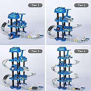 UNIH Kids Garage Toy Set, Toy Vehicle Garage for Toddlers, Race Car Ramp Track Toy, Parking Garage Playset Toy with Play Mat(Blue)