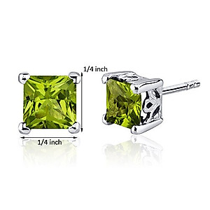 Peora Peridot Stud Earrings 925 Sterling Silver, Genuine Gemstone Birthstone Solitaire Scroll Gallery, 2 Carats Total, Princess Cut 6mm, Friction Backs
