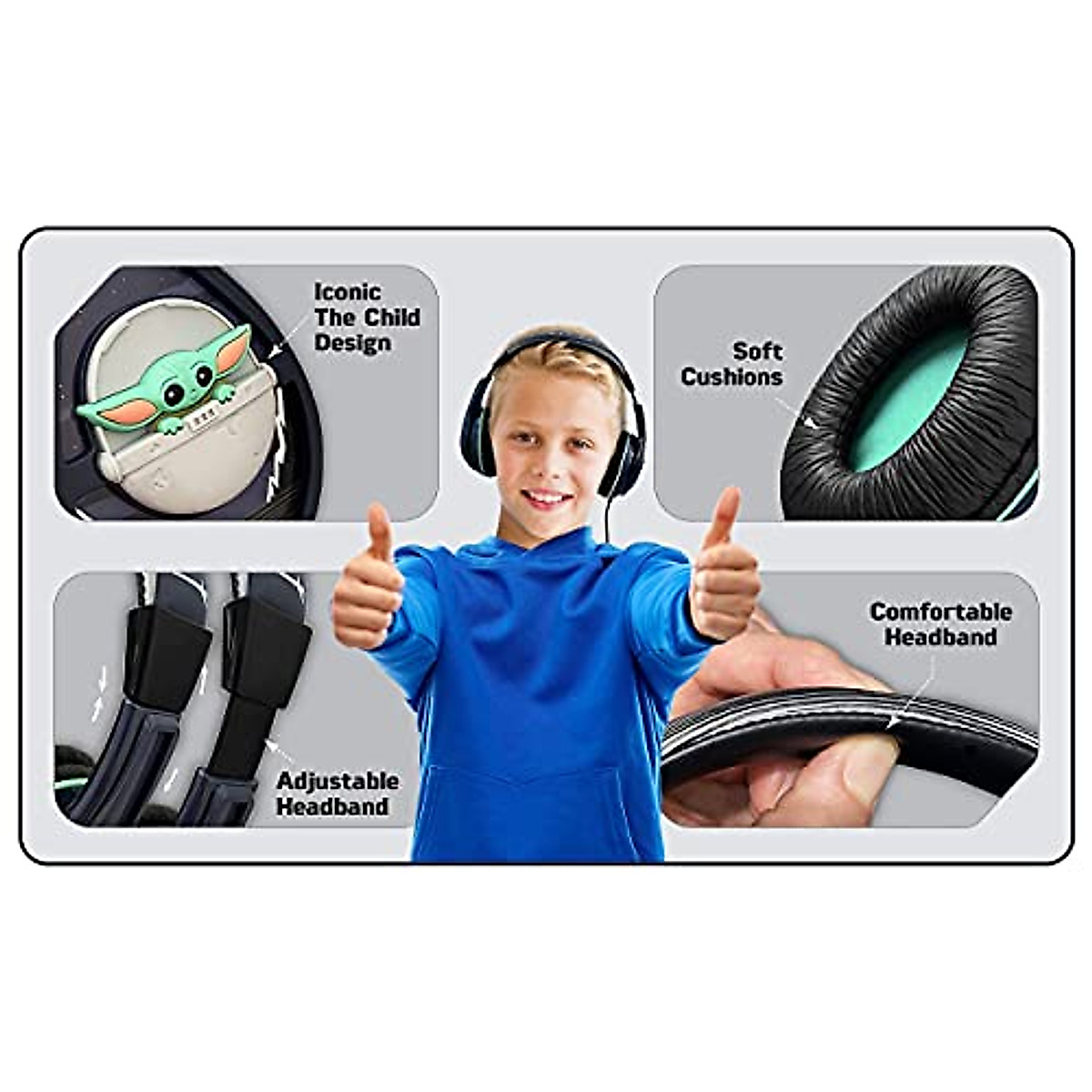 eKids Mandalorian The Child Headphones for Kids, Wired Headphones for School, Home or Travel, Tangle Free Stereo Headphones with Parental Volume Control, Connect via 3.5mm Jack