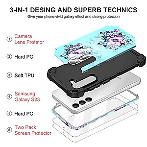 Casetego Compatible with Galaxy S23 5G Case,Floral Shockproof Three Layer Heavy Duty Protective[2 Pcs Tempered Screen Protector+2 Pcs Camera Lens Protector] Case for Samsung Galaxy S23,Blue Flower