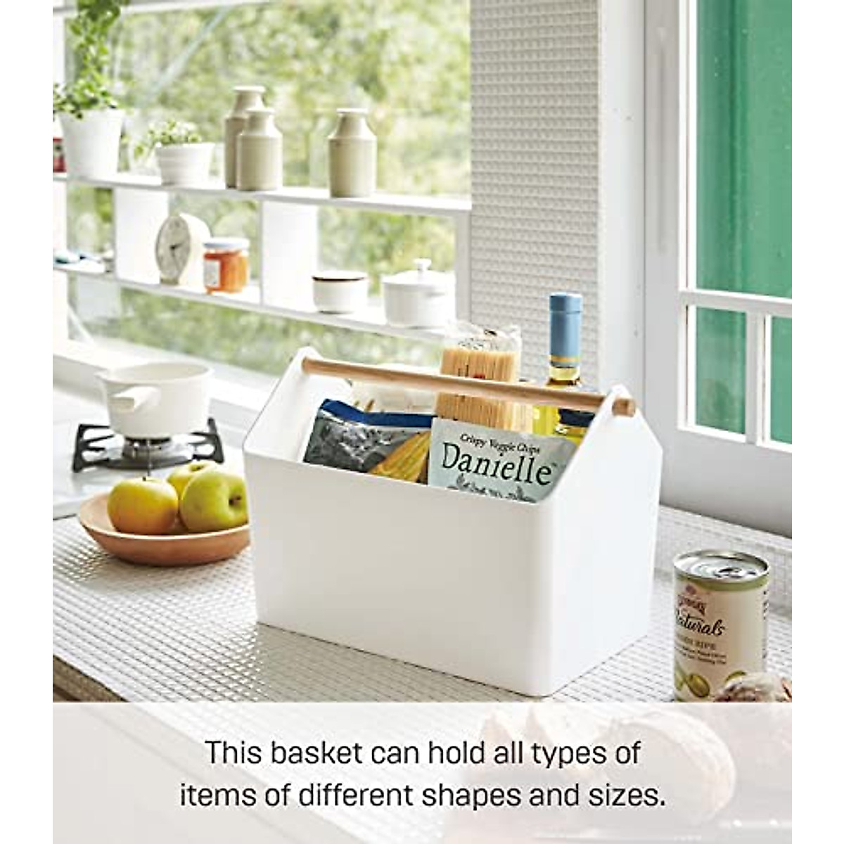 YAMAZAKI Home Storage Organizer/Cleaning Caddy/Storage Basket With Handle, Plastic + Wood, Handle, No Assembly Req.