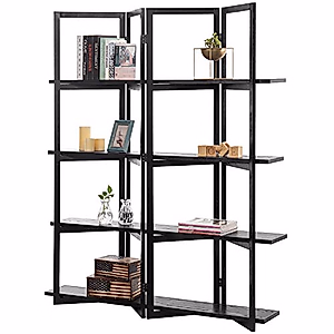 MyGift 4-Panel Open Bookcase Black Wood Room Divider with 4 Shelves