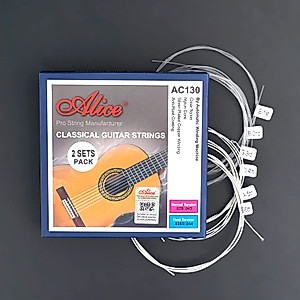 Classical Guitar Strings, Alice 2 Set Classic Guitar 6 Strings Clear Nylon Normal Tension 28-43 Gauge with Anti-Rust Coating, Silver Plated Wrap (AC130)