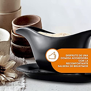 Bruntmor 11 Oz Black Ceramic Gravy Boat With Tray, 11 Ounce Small Ceramic Serving Dish, Dispenser with Tray For Sauces, Dressing and creamer, Gravy Boat With Saucer For Thanksgiving And Christmas