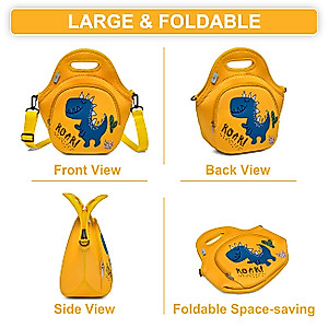VASCHY Lunch Bag for Kids, Insulated Neoprene Lightweight Lunch Box Bag for Children Boys and Girls School Daycare Kindergarten Yellow Dinosaur