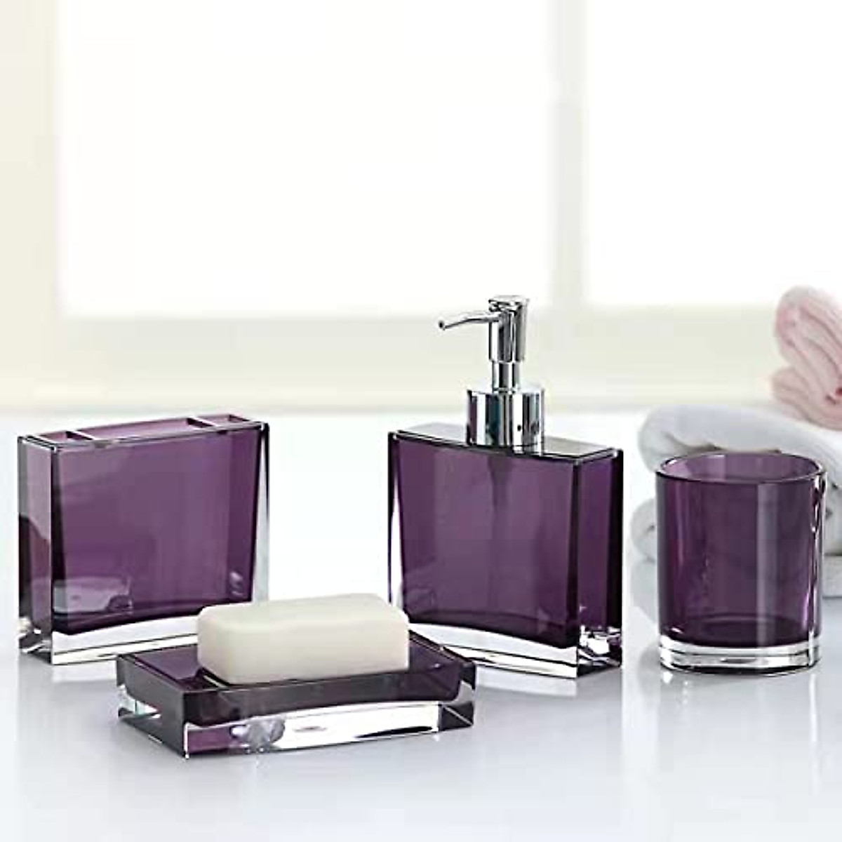 TUANYO Bathroom Accessories Set Complete - 6 Pcs Acrylic Bathroom Set - Toothbrush Holder, 2 Toothbrush Cups, soap Dispenser, soap Dish and Cleaning Cloth for Bathroom (Purple)