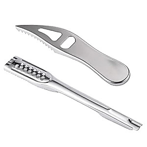 BESTonZON 3 Sets Scaler Skin Manual Scale Cleaner Peeler Flat Bottle Scraper Prong+Flat Knives Opener Tool Kitchen Seafood Faster Removing Prong Steel Fishs Remover Fish Accessories Easier