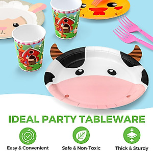 Farm Animal Party Plates Set, Serve 24 Cute Animal Shaped Disposable Party Plates and Napkins, Cups, Tablecloth, Forks, Hats, Party Supplies for Kids Birthday Decorations, Baby Shower