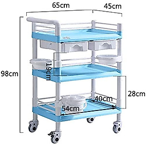 3 Tier Hospital Medical Utility Cart on Wheel, Blue Abs Beauty Salon Equipment Rolling Trolley with Dirt Bucket Drawers, 100-150Kg Load 54×3