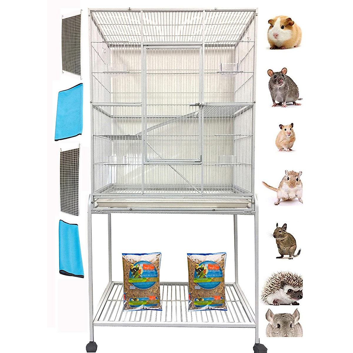 54" Large Wrought Iron 4-Tiers Chew Proof Tight 1/2-Inch Bar Spacing Ferret Chinchilla Sugar Glider Rats Mouse Cage with Detachable Rolling Stand