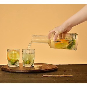 NINU 27oz Bedside Carafe and Glass Set, Ribbed Water Carafe Glassware Drinking Glasses for Nightstand, Vintage Fluted Glassware Water Pitcher - Clear, Christmas gift, Thanksgiving Day gift