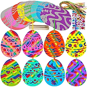 32 Sets Magic Color Scratch Art Easter Egg Ornaments Decorations DIY Easter Craft Kits Scratch Paper Easter Egg Scratching Tools for Kids Party Favors Easter Spring Classroom Home Activity Art Project