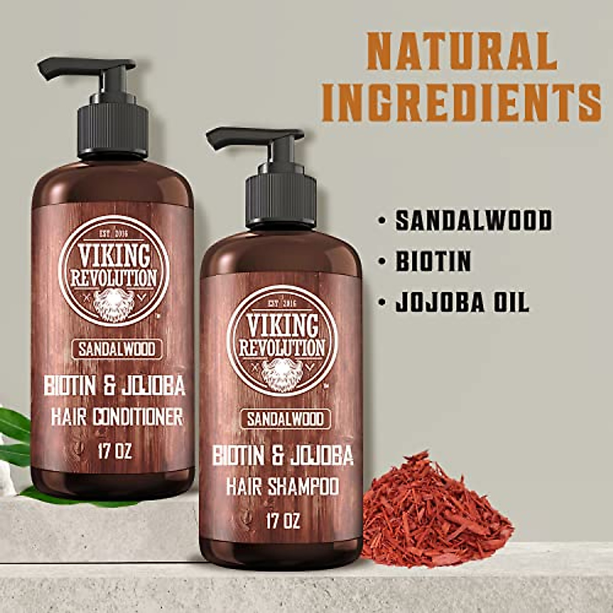Viking Revolution Sandalwood Shampoo and Conditioner Set with Biotin and Jojoba Oil - Mens Shampoo and Conditioner Set - Natural Hair Shampoo and Hair Conditioner for Men with Vitamin B5 (17 Oz)