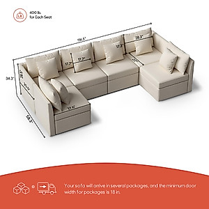 VOLUNCE Modular Sectional Sofa, Sectional Sleeper Sofa Bed with 6 Storage Seats Throw Pillows, Convertible U Shaped Sofa Couch for Living Room, Upholstered Cloud Couch for Apartment, Beige