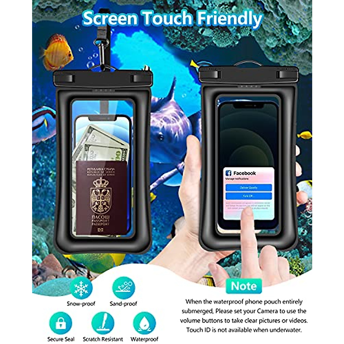 v-Golvin Floating Universal Waterproof Phone Pouch, IPX8 Cellphone Dry Bag Waterproof Case for iPhone 13 12 11 Pro Max SE 2020 XS Max XR X 8 7 6s Plus S10 S9 S20 S21 Note 20/10 Up to 7 inches -2 Pack