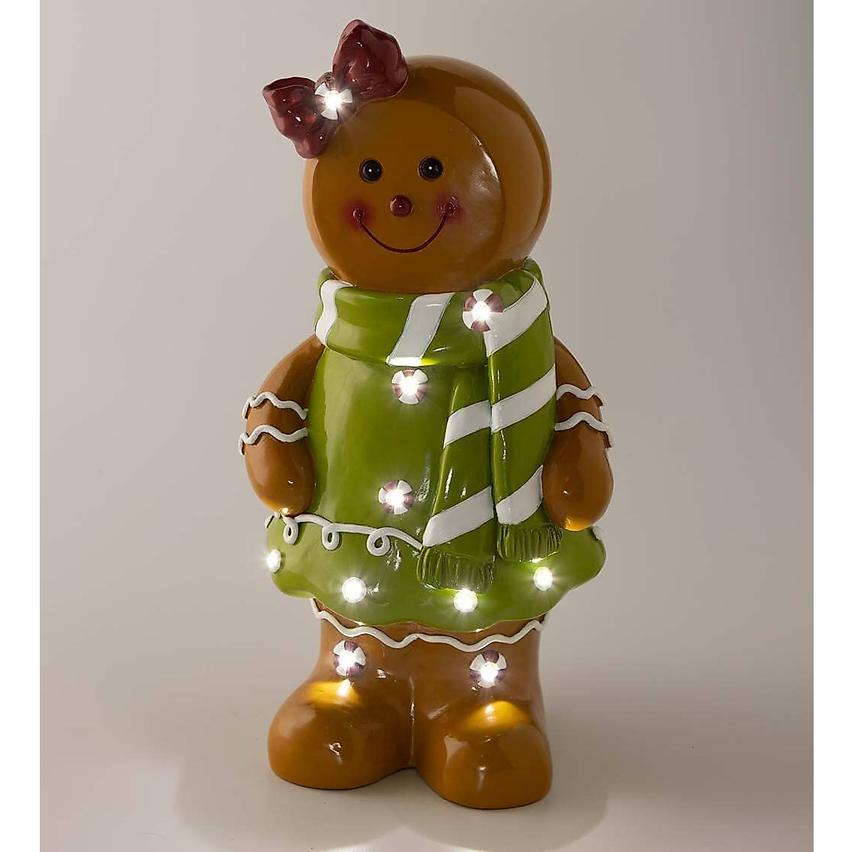Plow & Hearth Indoor/Outdoor LED Light-Up Christmas Gingerbread Girl Shorty Statue, LED Lights with Auto-Timer, Sweet Details, Holiday Accent, Battery-Operated, 9" L x 7¾"W x 18" H