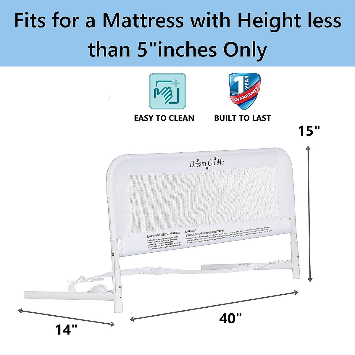 Dream On Me Adjustable Mesh Bed Rail, Two Height Levels, Ready to Use, Compatible with Twin Size Beds, All Steel Construction, Equipped with Guard Gap, Durable Nylon Fabric Mesh, White