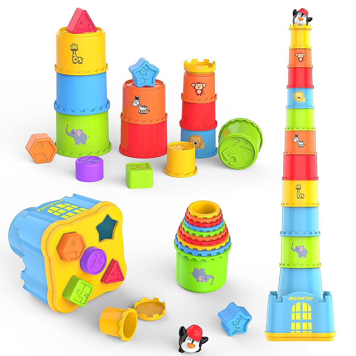 MOONTOY Stacking Cups Baby Toy Set, 19pcs Baby Stacking Toys for Toddlers 1-3, Shape Sorter Stackable Blocks Games Nesting Sorting Toys 6-12 Months 1 Year Old Christmas Stocking Stuffers Birthday Gift