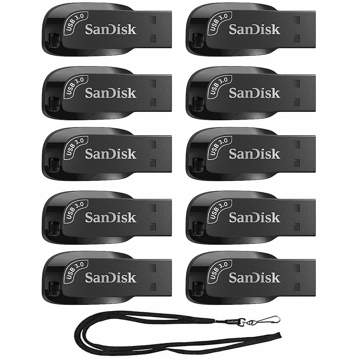 SanDisk 32GB (10 Pack) Ultra Shift USB 3.0 High Speed 100MB/s Flash Drive SDCZ410-032G Bundle with (5) GoRAM Black Lanyard (32GB, 10 Pack)