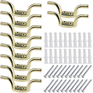 SING F LTD 10PCS Cleat Hooks for Clothesline Washing Line Flagpole Boat Awning Curtain Blind Cord with 20PCS Screws and 20PCS Expansion Nuts Hardware Golden Zinc Alloy