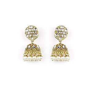 Priyaasi Kundan Indian Jewellery Set for Women with Mang Tikka | Gold-Plated | Floral-Leaf Design | Pearl Drop | Indian Bridal Jewelry Set for Wedding | Jhumka Earrings | White & Golden