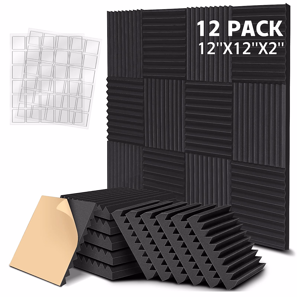 Acoustic Panels with Self-Adhesive 12 Pack Sound Proof Foam Panels for Walls 12"X 12"X 2" High Density Soundproof Wall Panels for Home Office Recording Studio Wall Ceiling to Absorbing Noise
