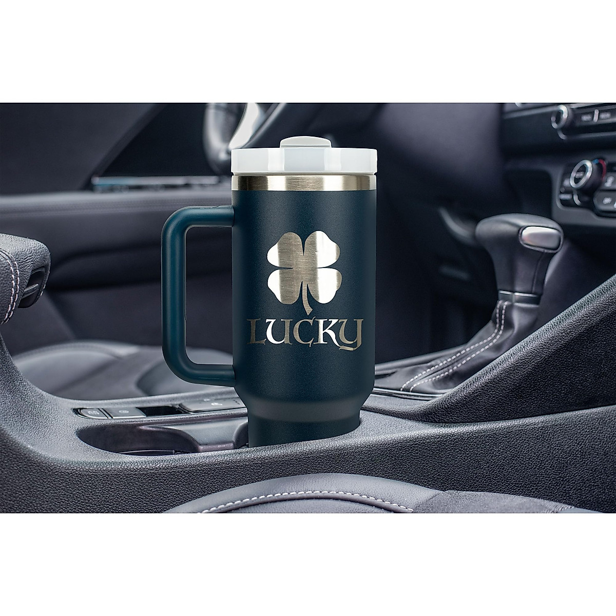 100 North Lucky 4 Leaf Clover Irish St. Patrick's Shamrock Wrap-Around 40 Oz. Stainless Steel Water Bottle Coffee Mug, Spill & Leak Resistant, Travel Tumbler with Handle, Lid & Straw, Navy Blue