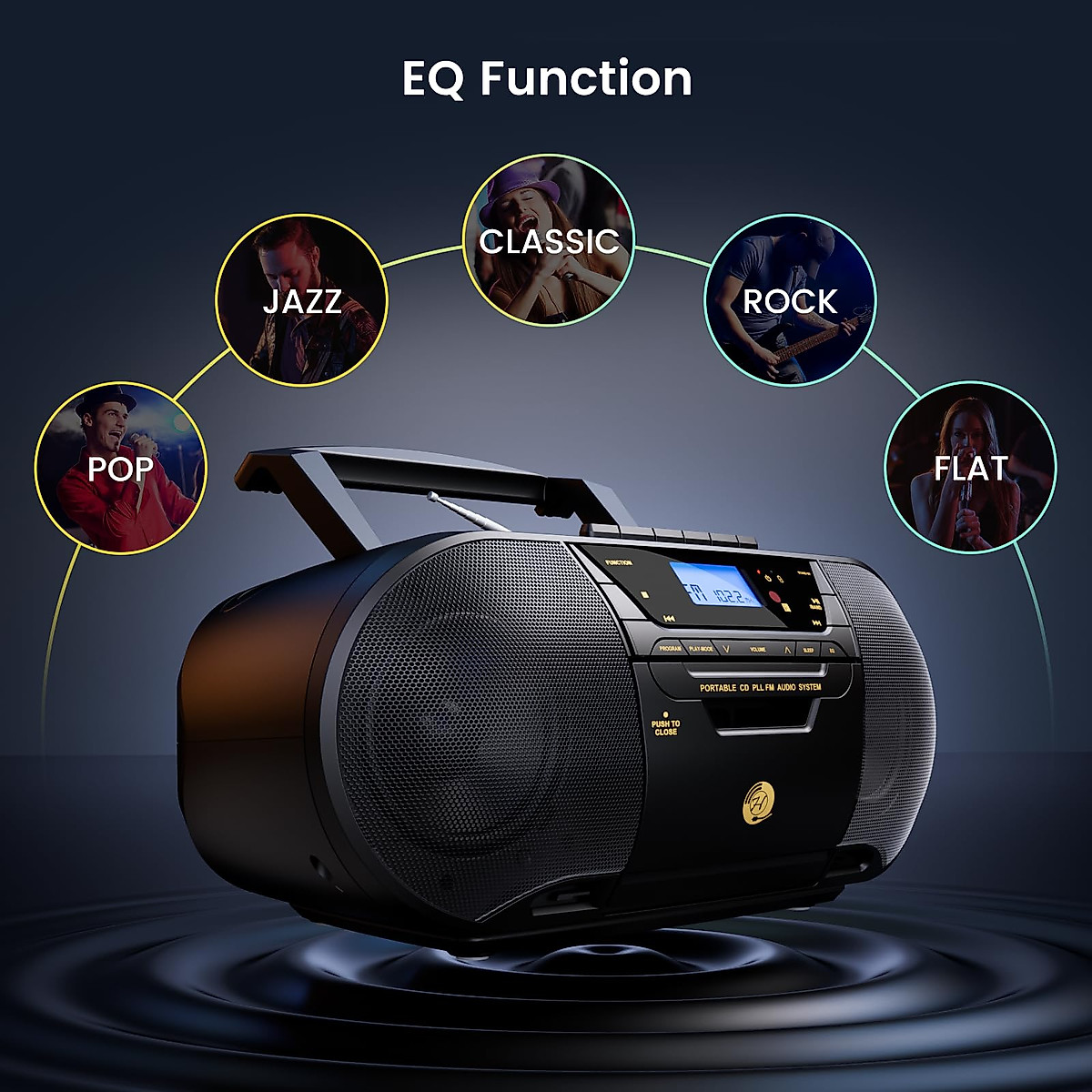 Boom Box CD and Cassette Tape Player, Hernpark Rechargeable CD Tape Player with Remote Control, Bluetooth, FM Radio, Sleep Mode, Stereo Sound, EQ Mode, USB Drive, Aux/Headphones Jack (Black)