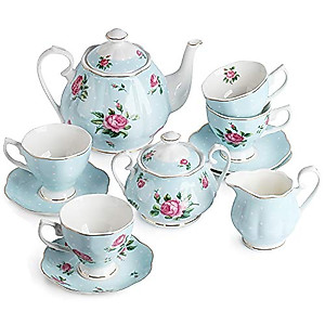 BTaT- Floral Tea Set, Tea cups (8oz), Tea Pot (38oz), Creamer and Sugar Set, Gift box, China Tea Set, Tea Sets for Women, Tea Cups and Saucer Set, Tea Set for Adults, 4 Tea Cups Set