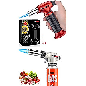 FunOwlet Butane Torch Lighter + Butane Torch Head, Culinary Torches Chef Cooking Professional Adjustable Flame with Reverse Use for Creme, Brulee, BBQ, Baking, Jewelry