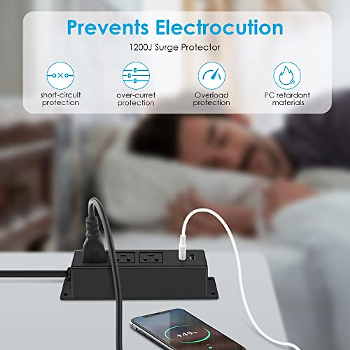 JUNNUJ Thin Flat Plug Power Strip 3 Outlet, Wall Mount Outlet 1200J Surge Protector Slim Outlet Wall Plug with 2 USB Ports, Ultra Plug Thin Socket with 5ft 45 Degrees Right Angle Flat Plug Cord